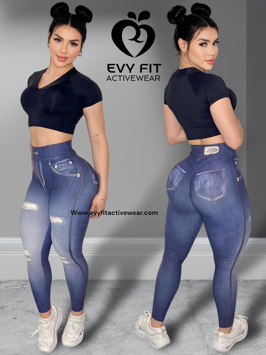 NAVY BLUE FAKE JEANS LEGGINGS – Evy Fit Activewear